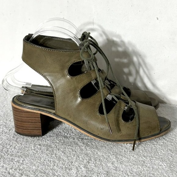 Hot Kiss Shoes Hot Kiss Karen Olive Green Leather Open Toe Open Lace Up Front Ankle Boots